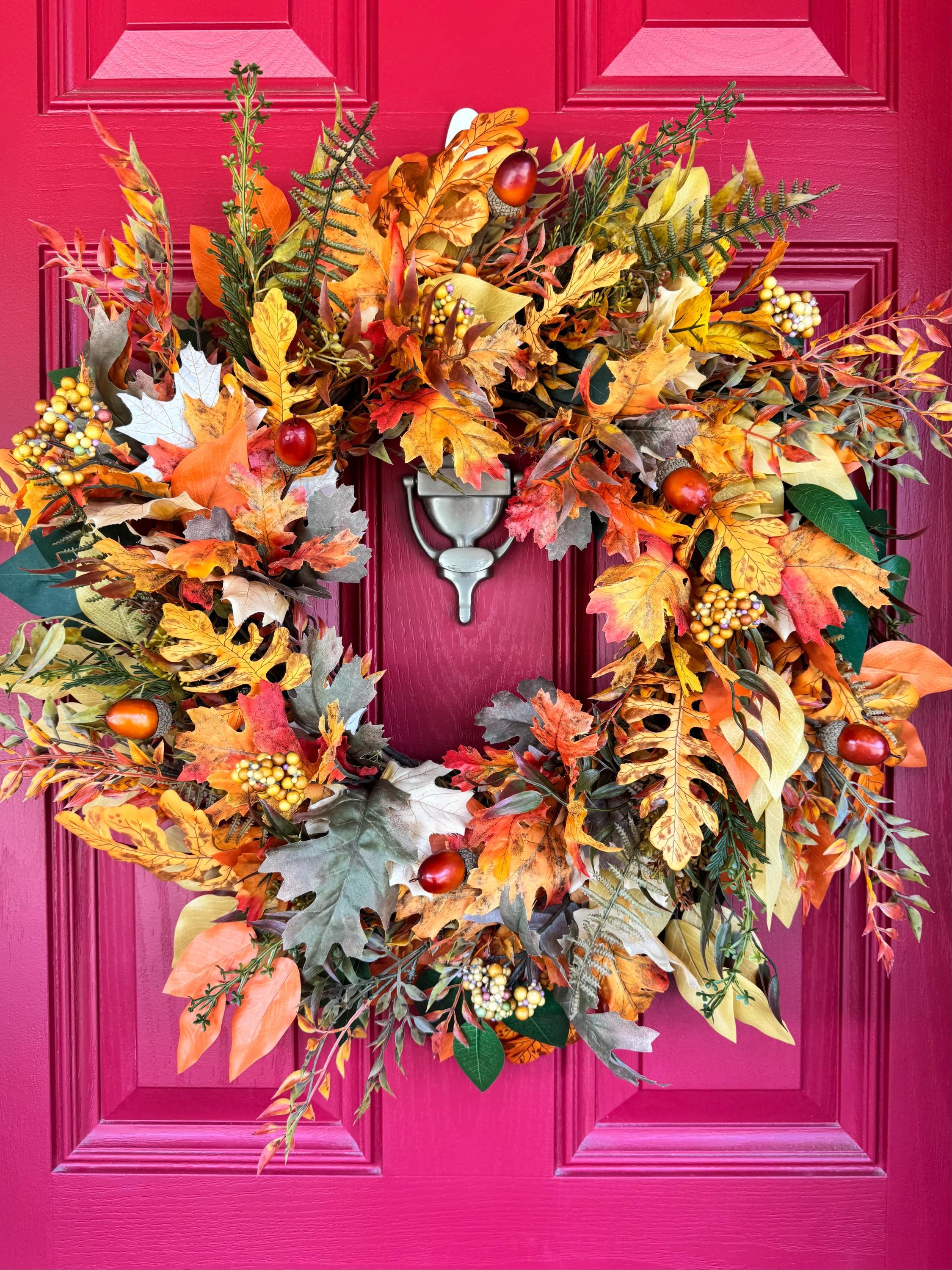 Berry & Acorn Greenery Wreath With Fall Foliage for Front Door, Neutral ...