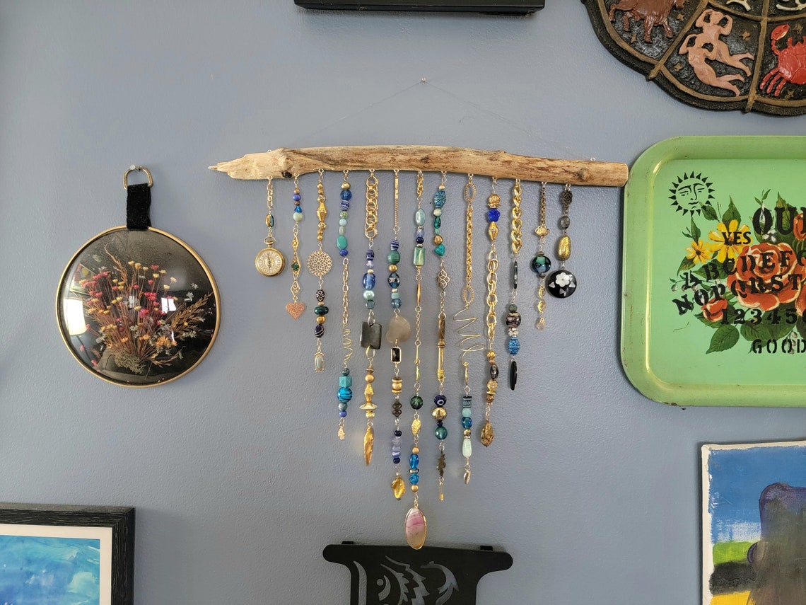 Repurposed Beaded Wall Art, Bohemian Wall Decor, Boho Wall Art, Blue ...