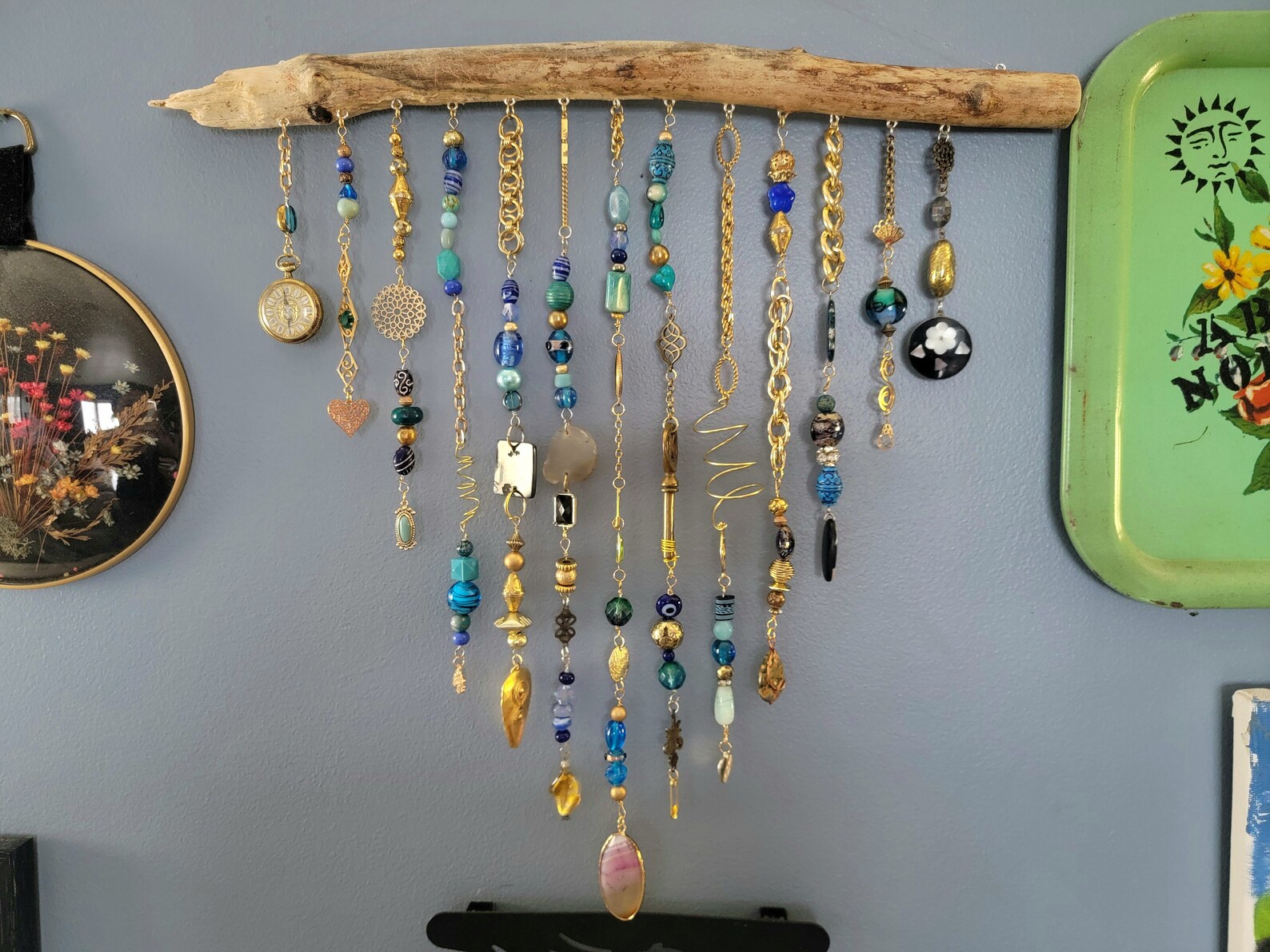 Repurposed Beaded Wall Art, Bohemian Wall Decor, Boho Wall Art, Blue ...