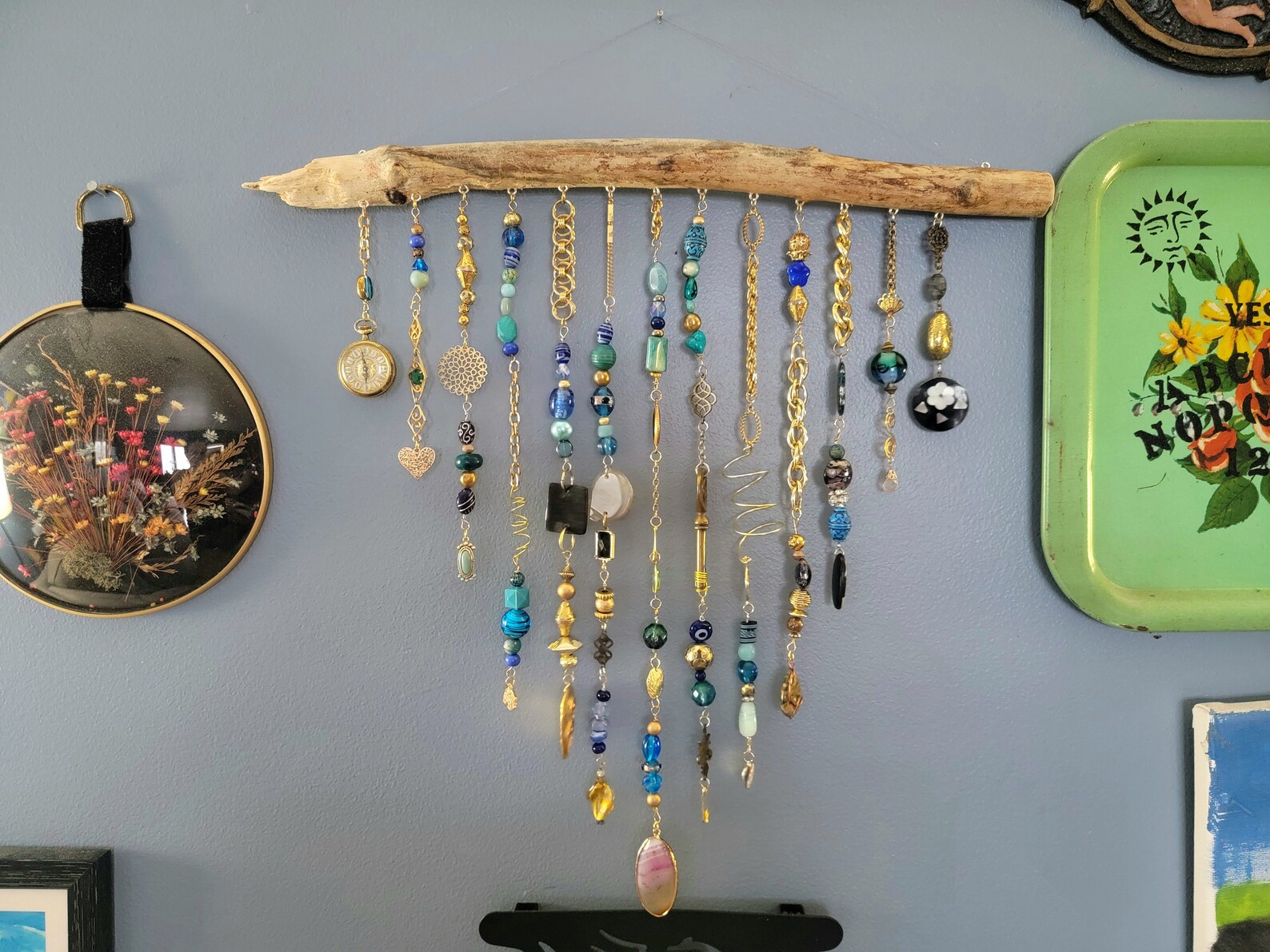 Repurposed Beaded Wall Art, Bohemian Wall Decor, Boho Wall Art, Blue ...