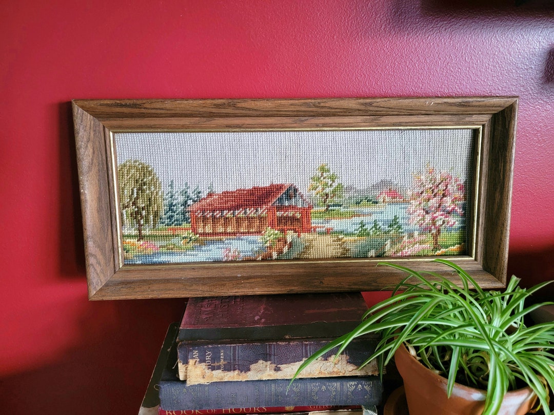 Vintage Bohemian Covered Bridge Wall Art, Vintage Cross Stitch Wall ...
