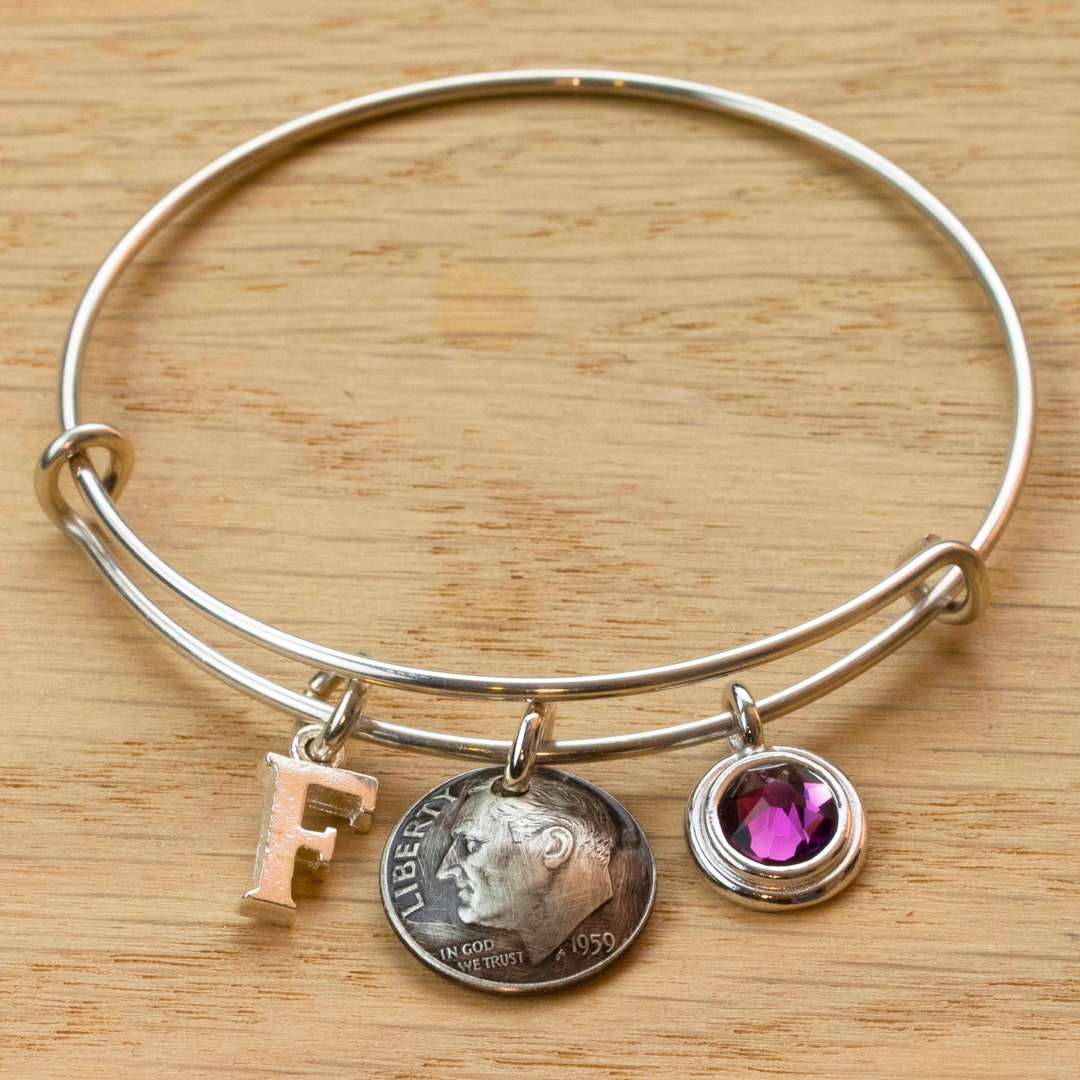 1959 Antiqued US Dime Coin Bangle Wire Bracelet With Optional Letter ...