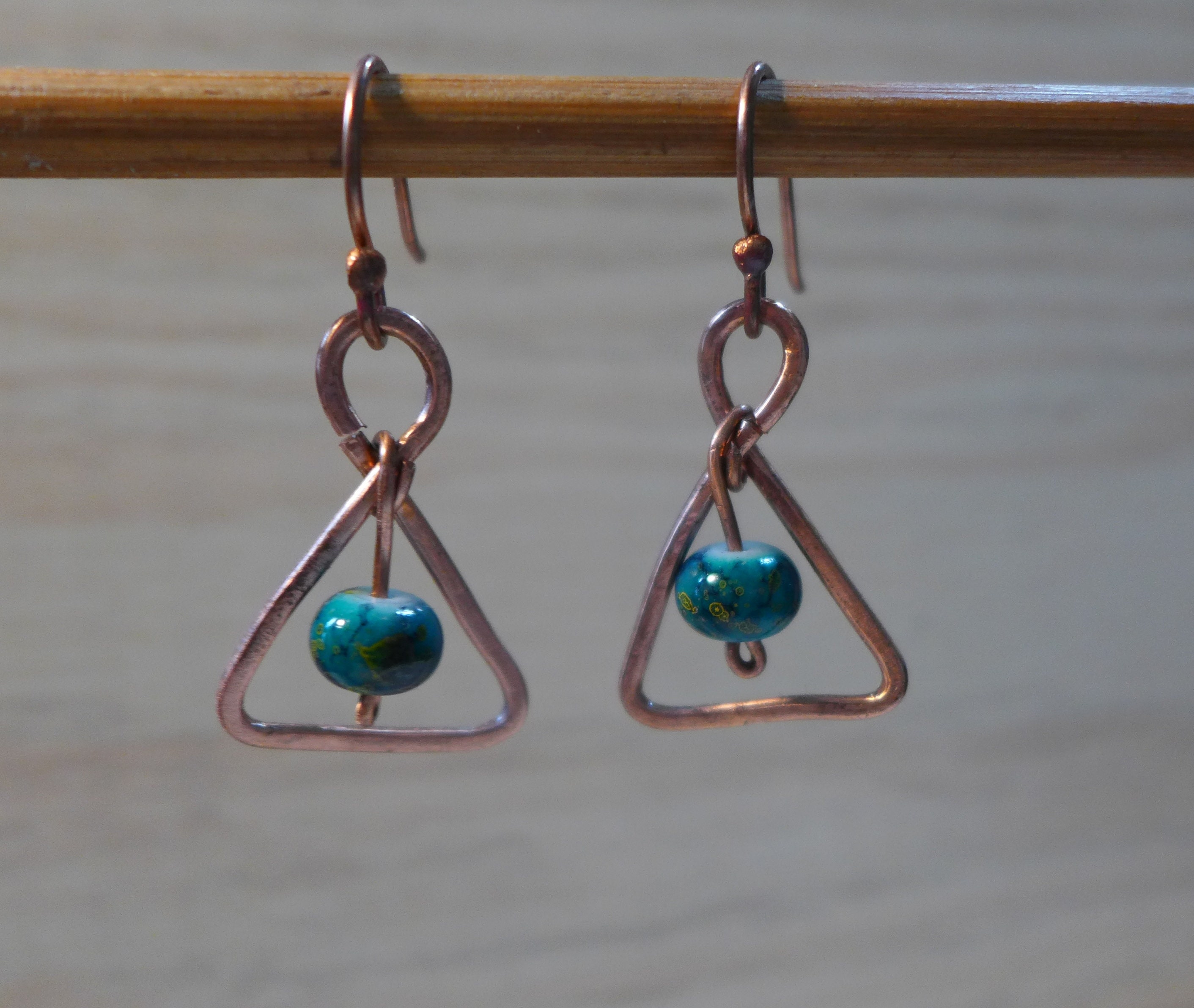 Copper Triangle Dinner Bell Earrings with Turquoise Ceramic - Etsy España