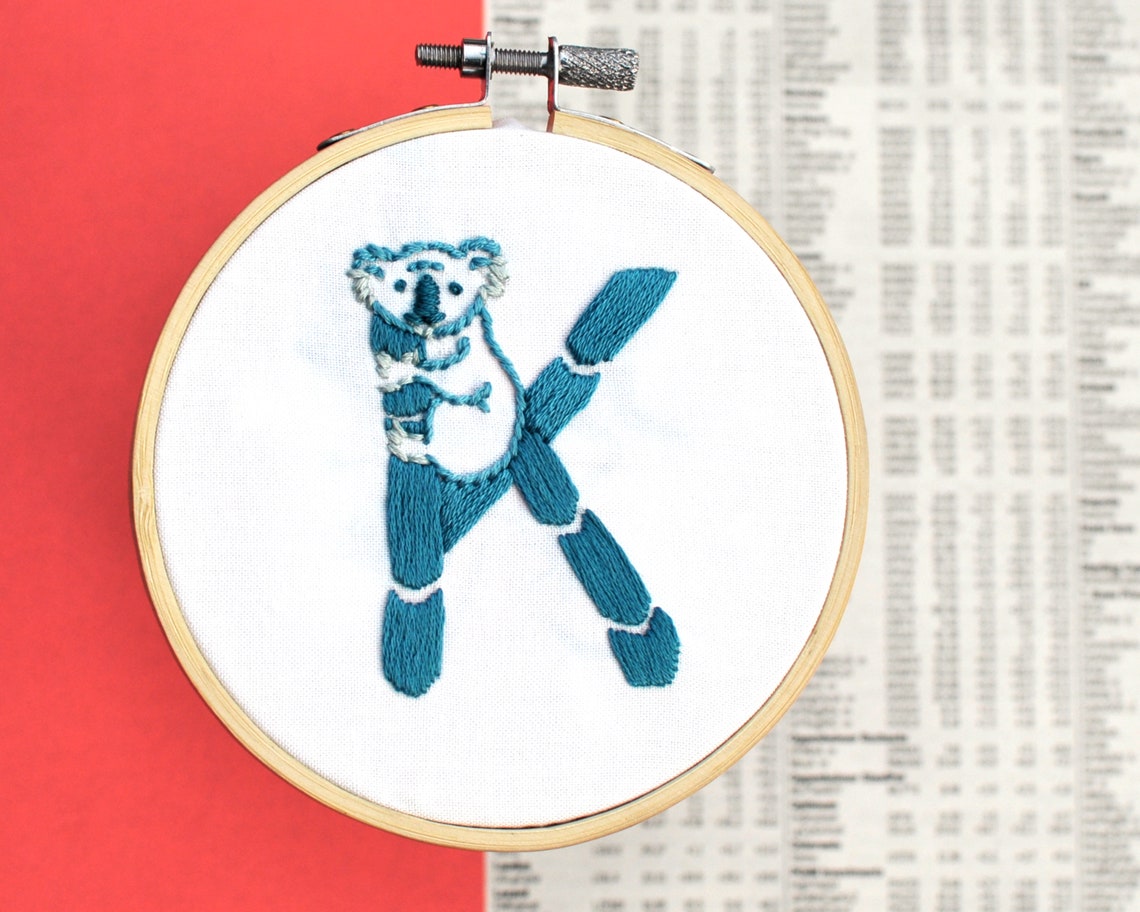 K for Koala • Beginner Hand Embroidery Kit • K Monogram Modern ...