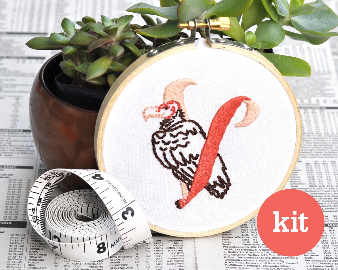 V is for Vulture Embroidery Kit • Beginner DIY Stitch, Monogram Patch ...