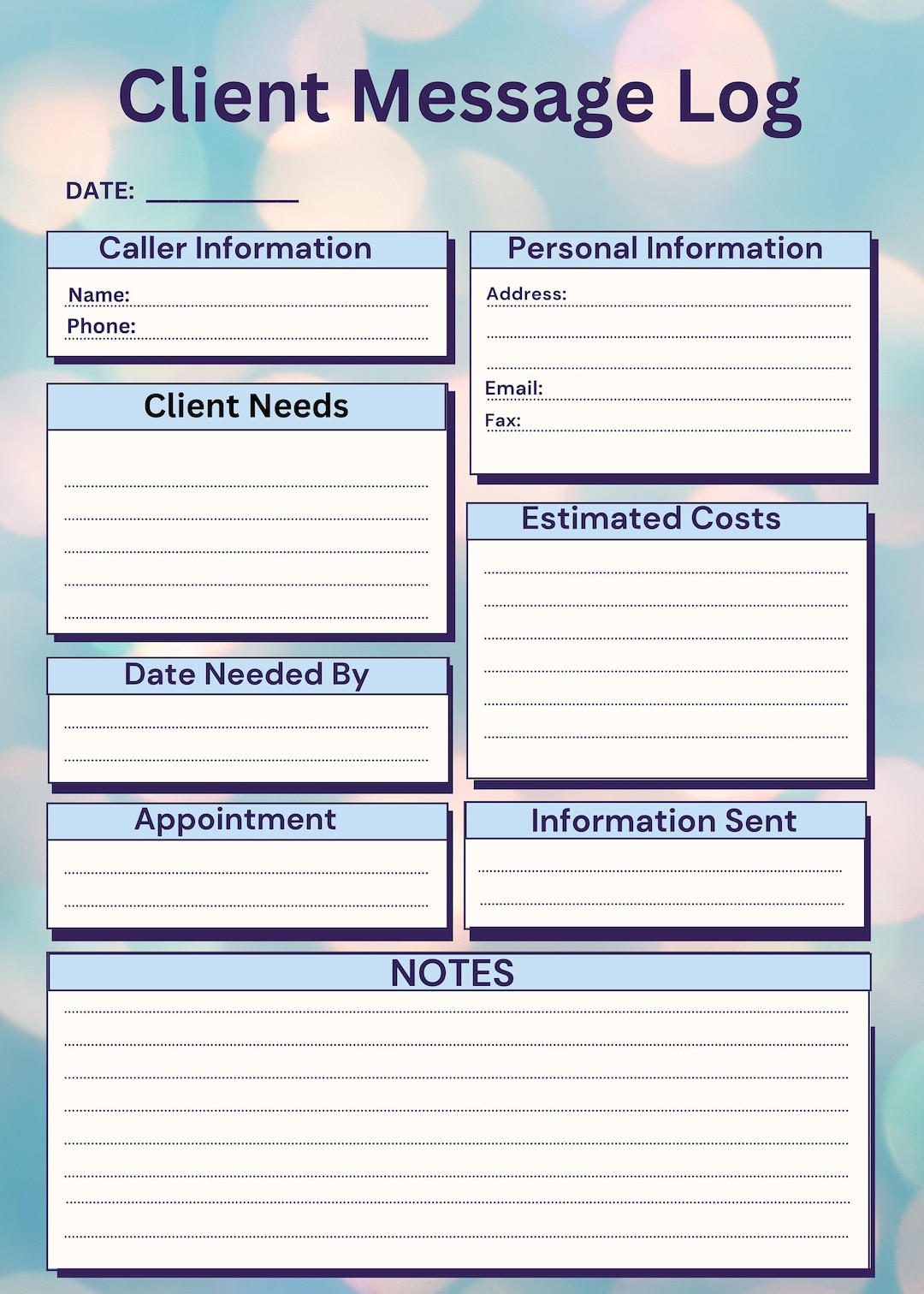 Client Intake Message Phone Call Log Note - Etsy