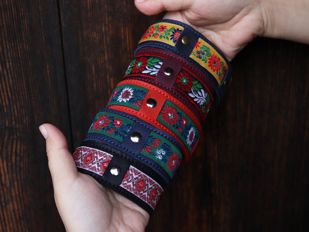 Engraved Leather Cuff Bracelet With Embroidered Fabric Insert - Etsy