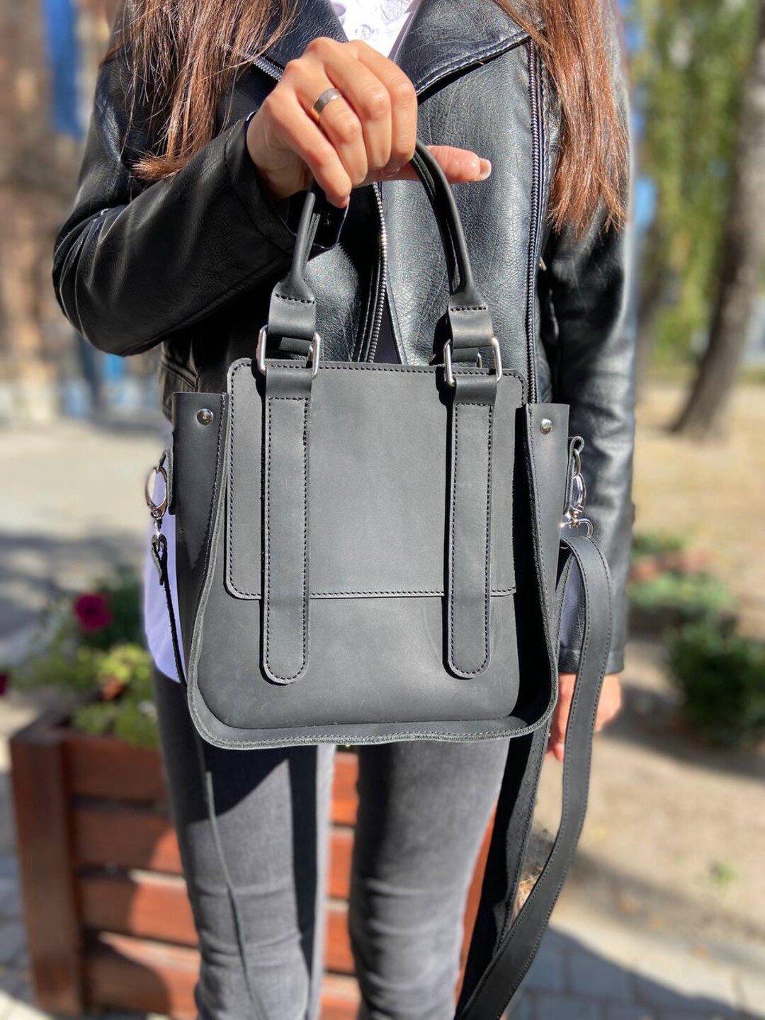 Handmade Leather Side Shoulder Bag/top Handle Satchel / Black Leather ...