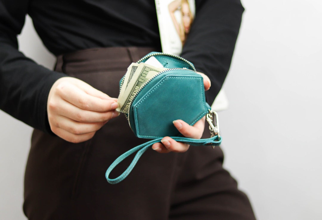 Zip Around Genuine Leather Wallet With Wrist Strap/ Women's Small ...