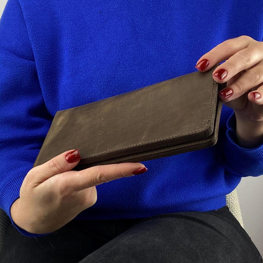 Handmade Crazy Horse Leather Bifold Wallet - Slim Long Wallet, Card ...