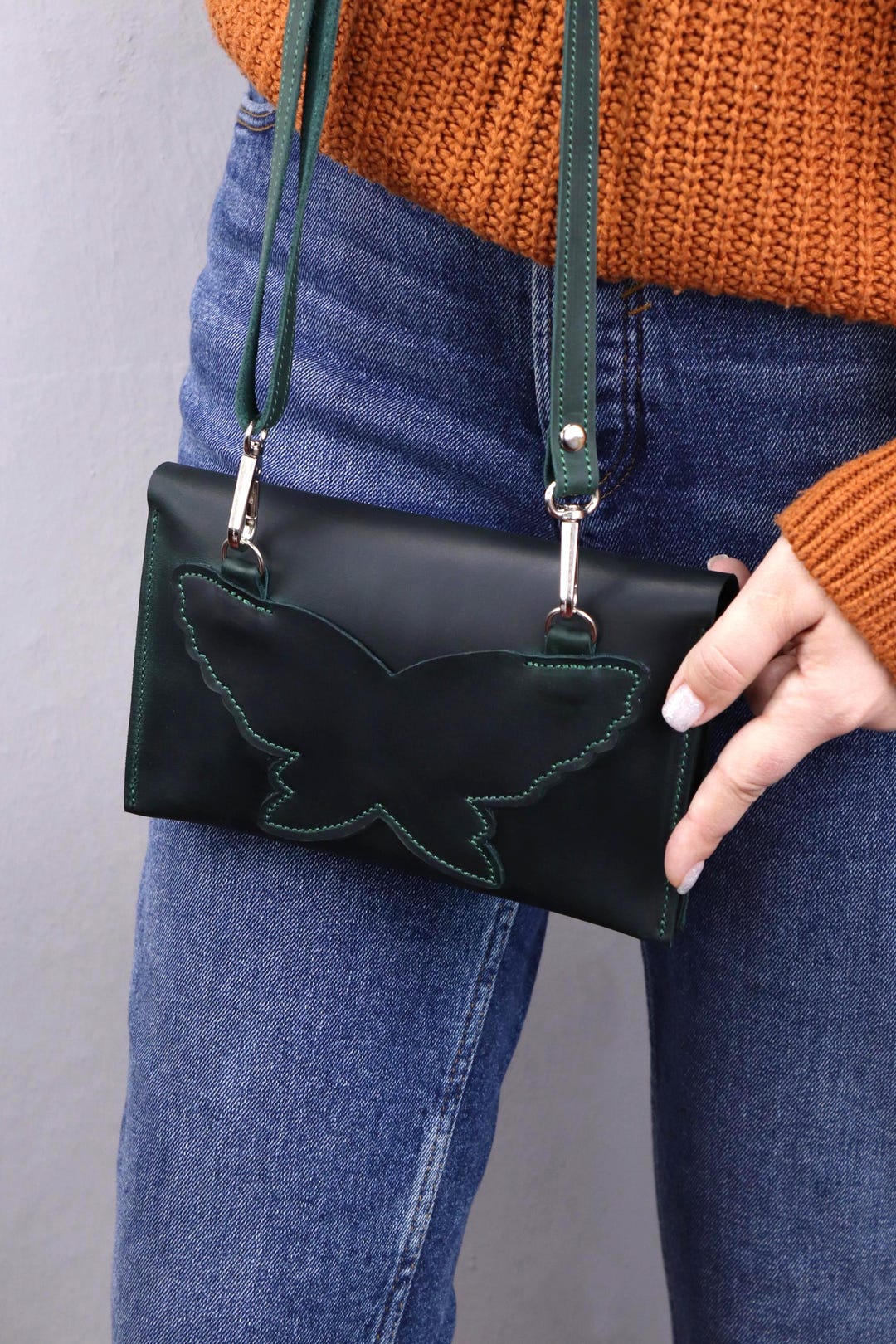 RFID Handmade Leather Crossbody Clutch Wallet: Butterfly Design ...