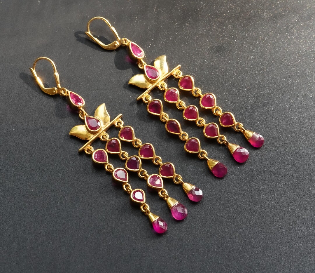 Natural Ruby Dangle Earrings, Ruby Chandelier Earrings, Gold Plated ...