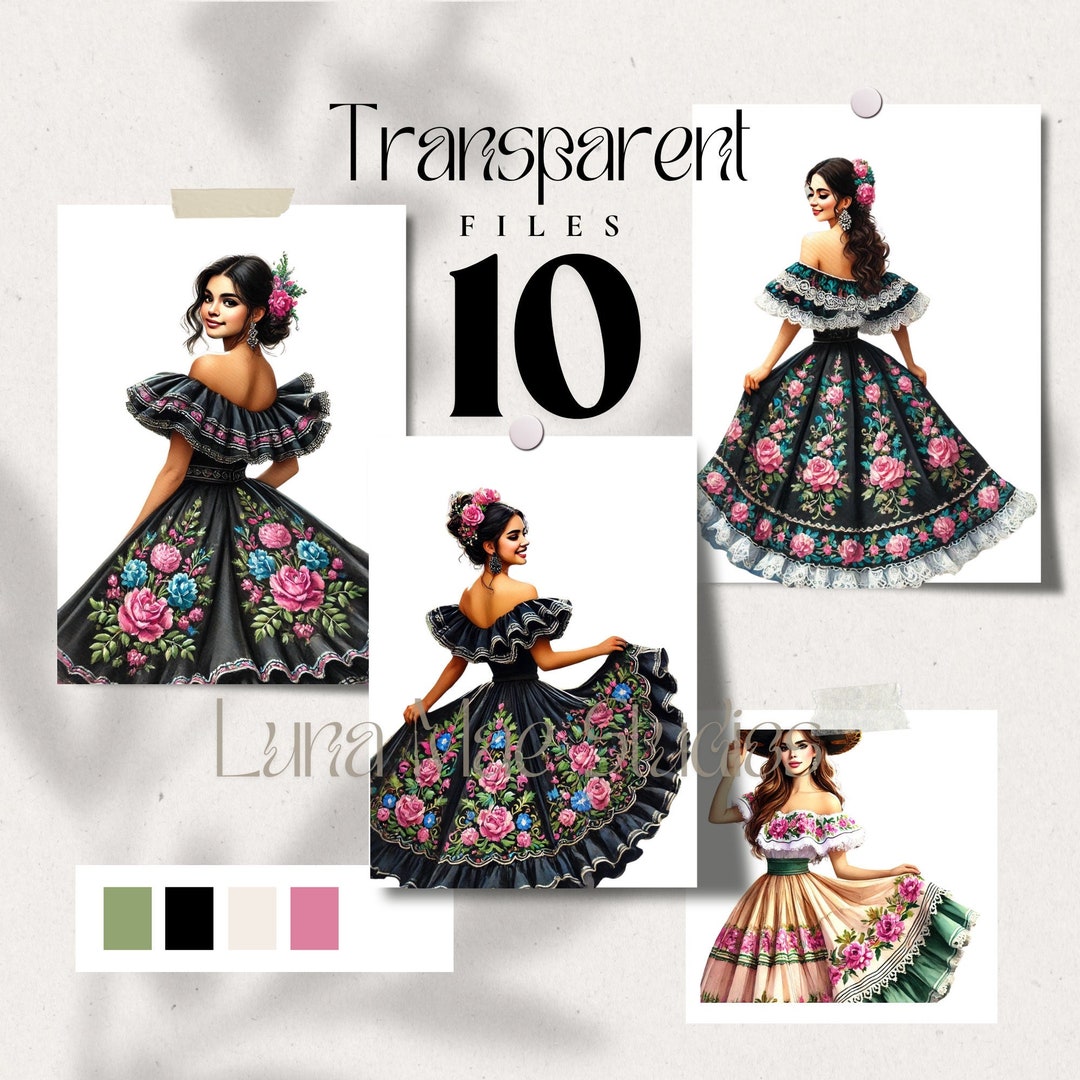 10 Mexican Princess Quinceañeras Clipart, Black and Pink Dress ...