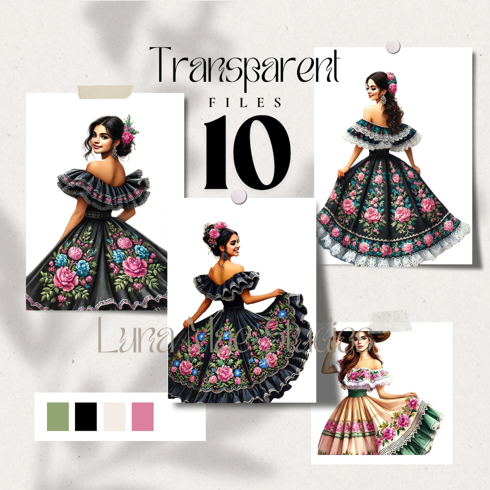 10 Mexican Princess Quinceañeras Clipart, Black and Pink Dress ...