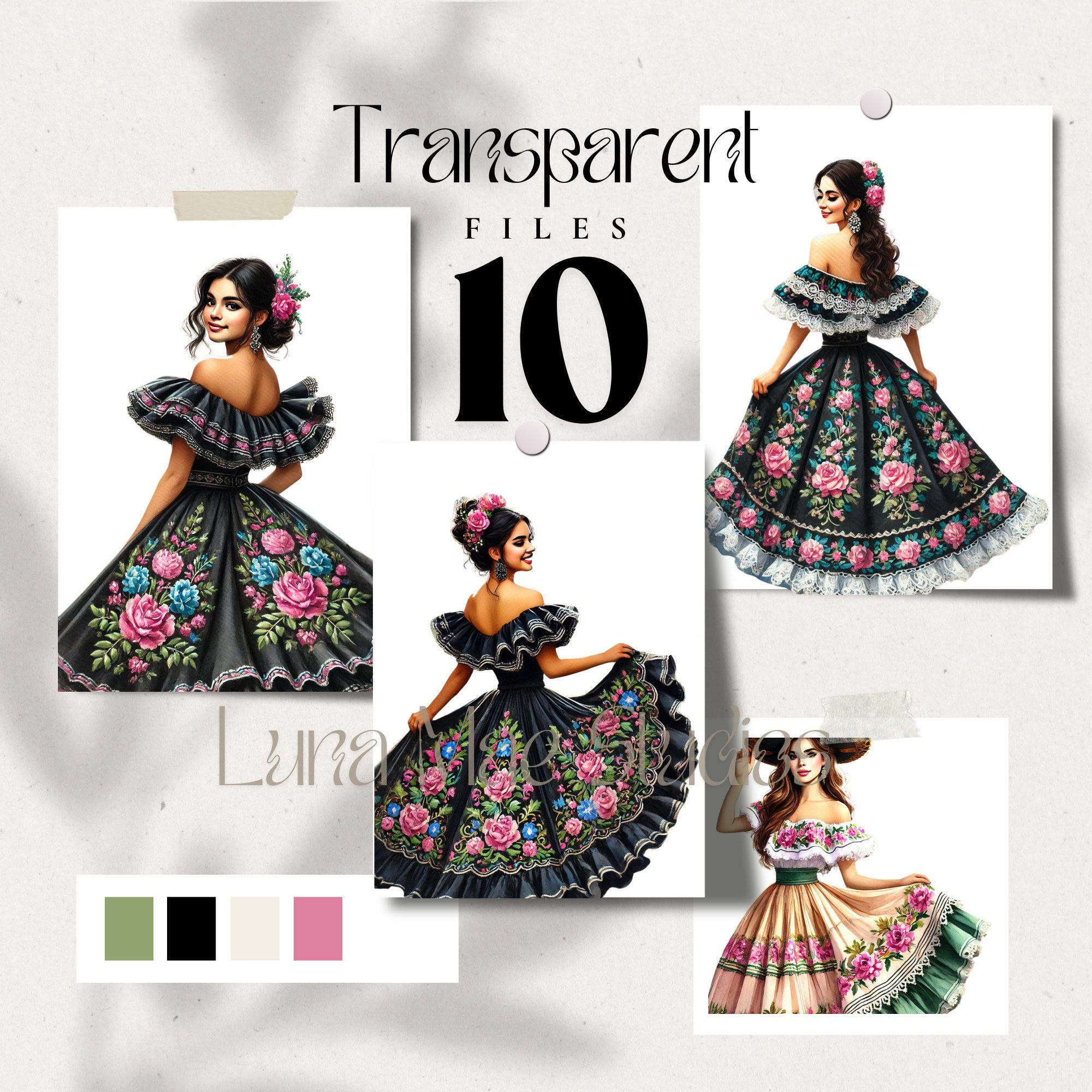 10 Mexican Princess Quinceañeras Clipart, Black and Pink Dress ...