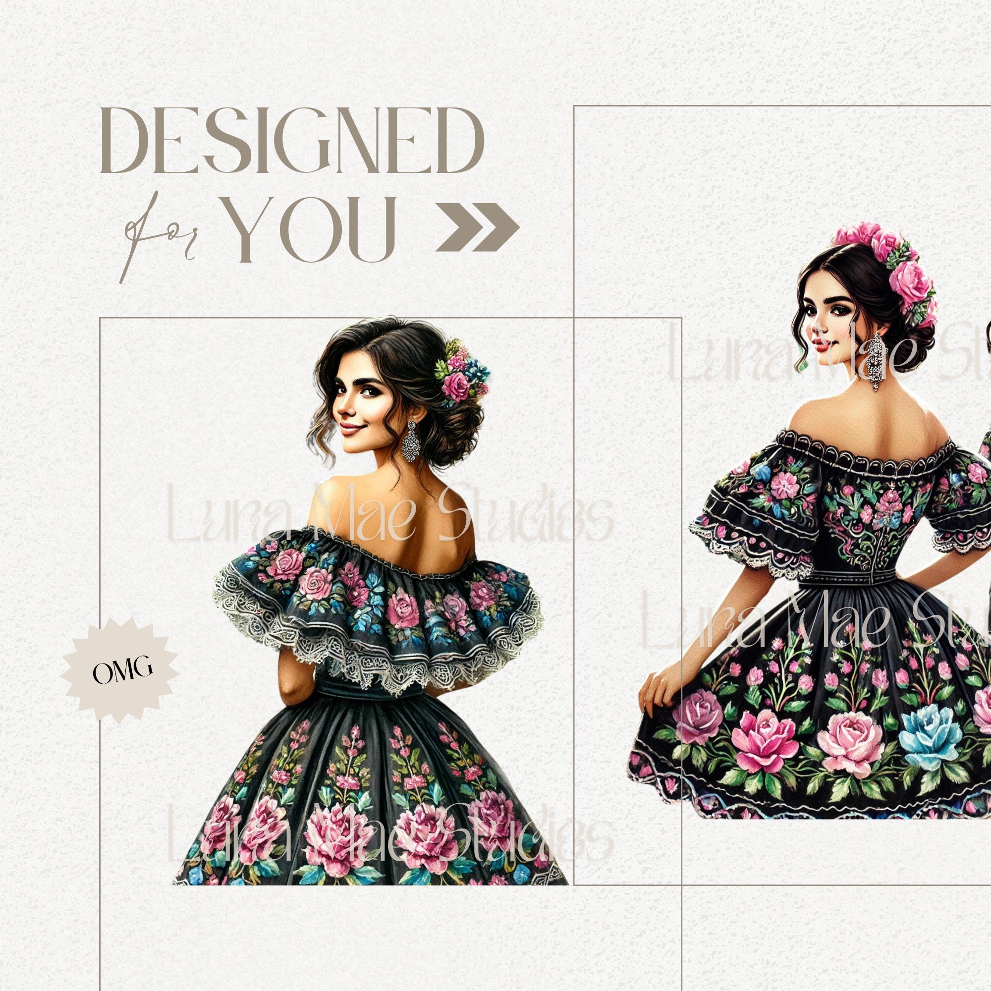 10 Mexican Princess Quinceañeras Clipart, Black and Pink Dress ...