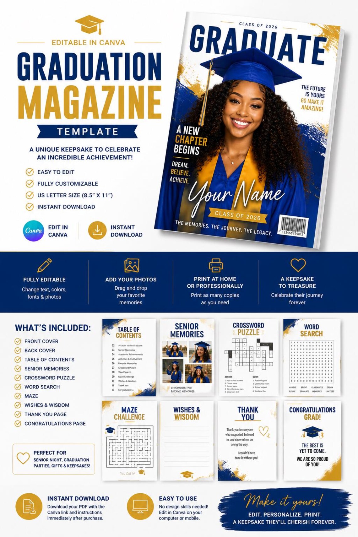 Graduation Magazine Template | Editable Canva Graduation Booklet ...