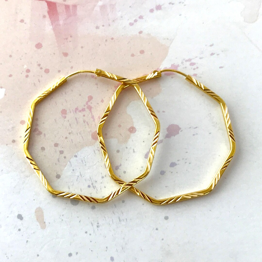Large Octagonal Hoop Earrings Tubular Formed in 18 Ct Solid Yellow Gold ...