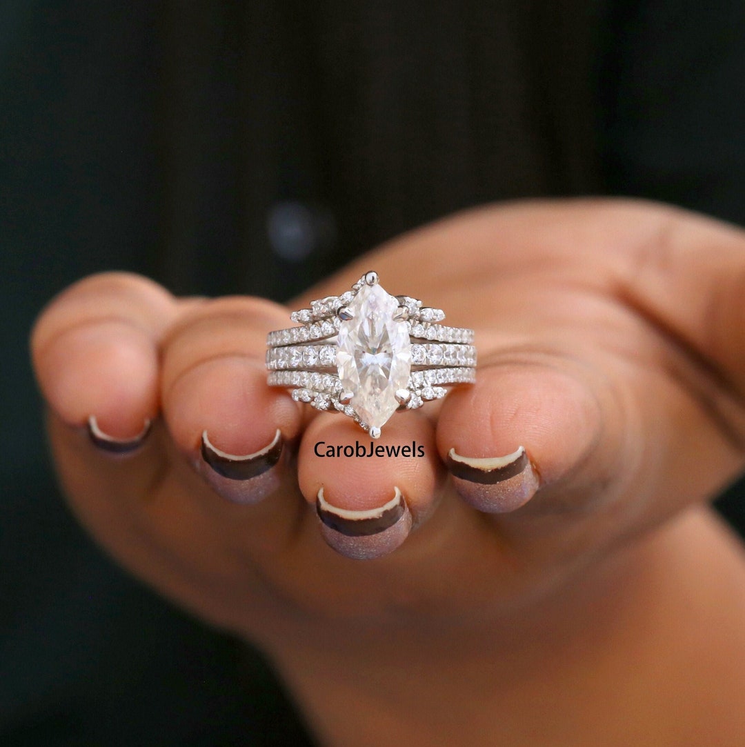 Insert Wedding Ring Set, 14X7 Mm Marquise Cut Moissanite Diamond Ring ...