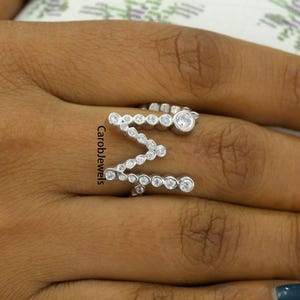 Large Alphabet Letter M Diamond Ring, Bezel Set Round Moissanite ...