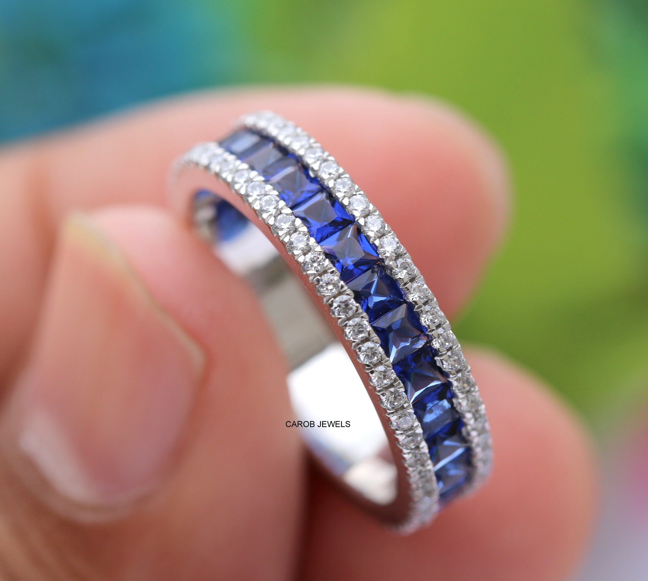 2.50 Mm Princess Cut Blue Sapphire Gemstone Band 14K White | Etsy