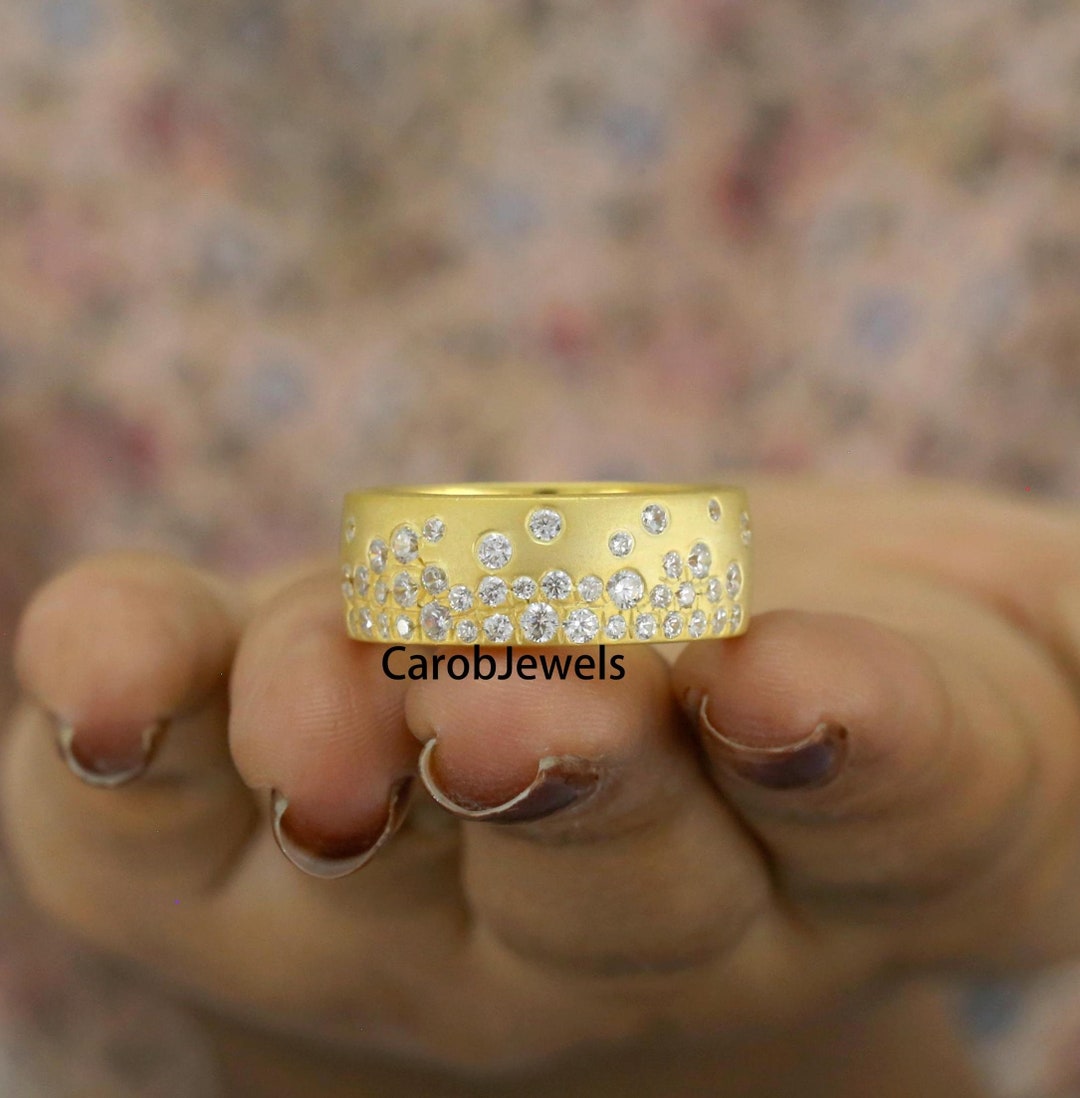 Flush Set Moissanite Diamond Cigar Band, Round Brilliant Cut Diamond ...