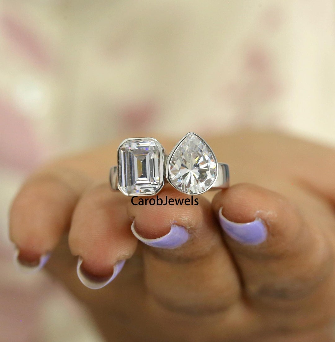 Bezel Set Double Stone Bridal Ring, 5.0 Tcw Pear & Emerald Cut ...
