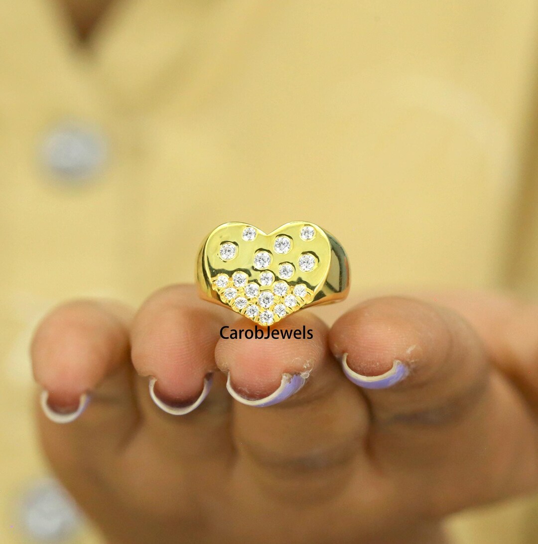 Lovely Heart Shape Signet Ring, Flush Set Cluster Diamond Anniversary ...