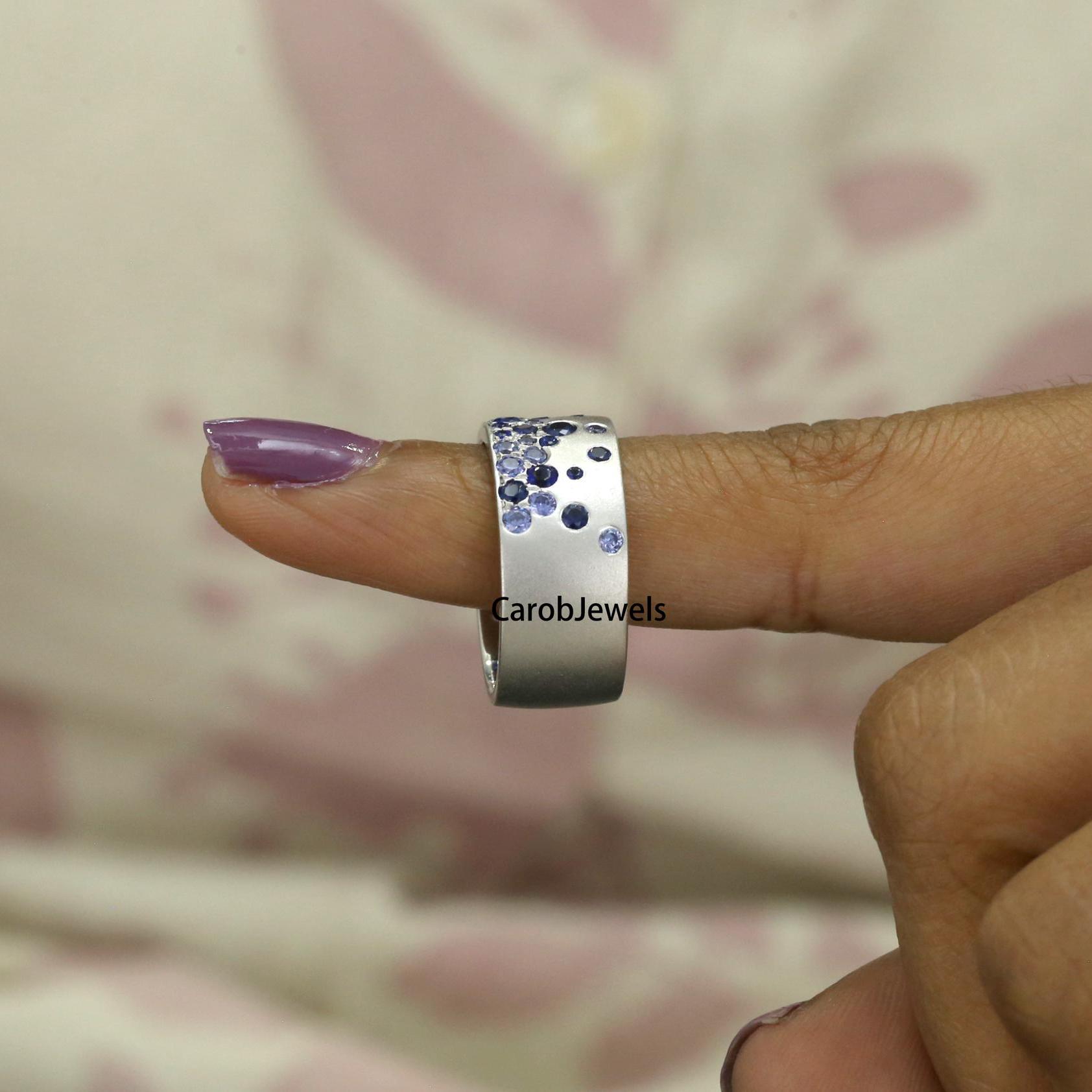 Classic Cigar Band, Flush Set Scattered Sapphire Gemstone Wedding Band ...