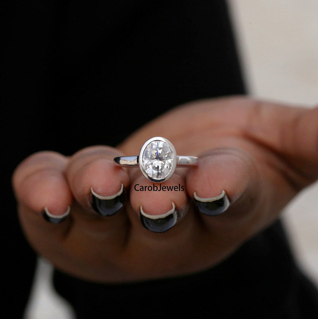 9x7 MM Oval Cut Moissanite Engagement Ring, Solid 14k Gold Ring, Bezel ...