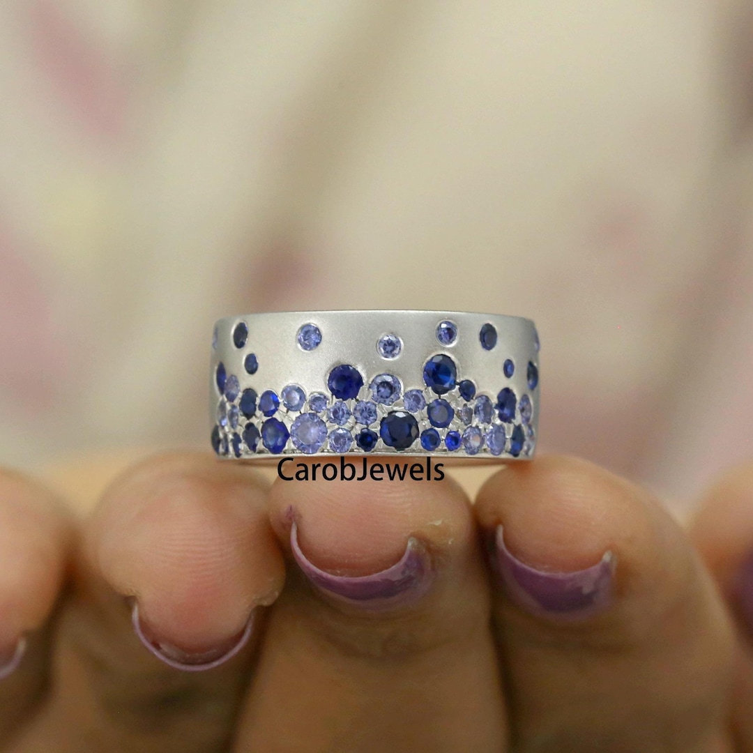 Classic Cigar Band, Flush Set Scattered Sapphire Gemstone Wedding Band ...
