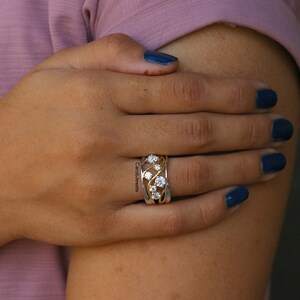 Antique Round Cut Moissanite Diamond Ring, Two Tone Highway Interlocking Wedding Band, Bridal ...