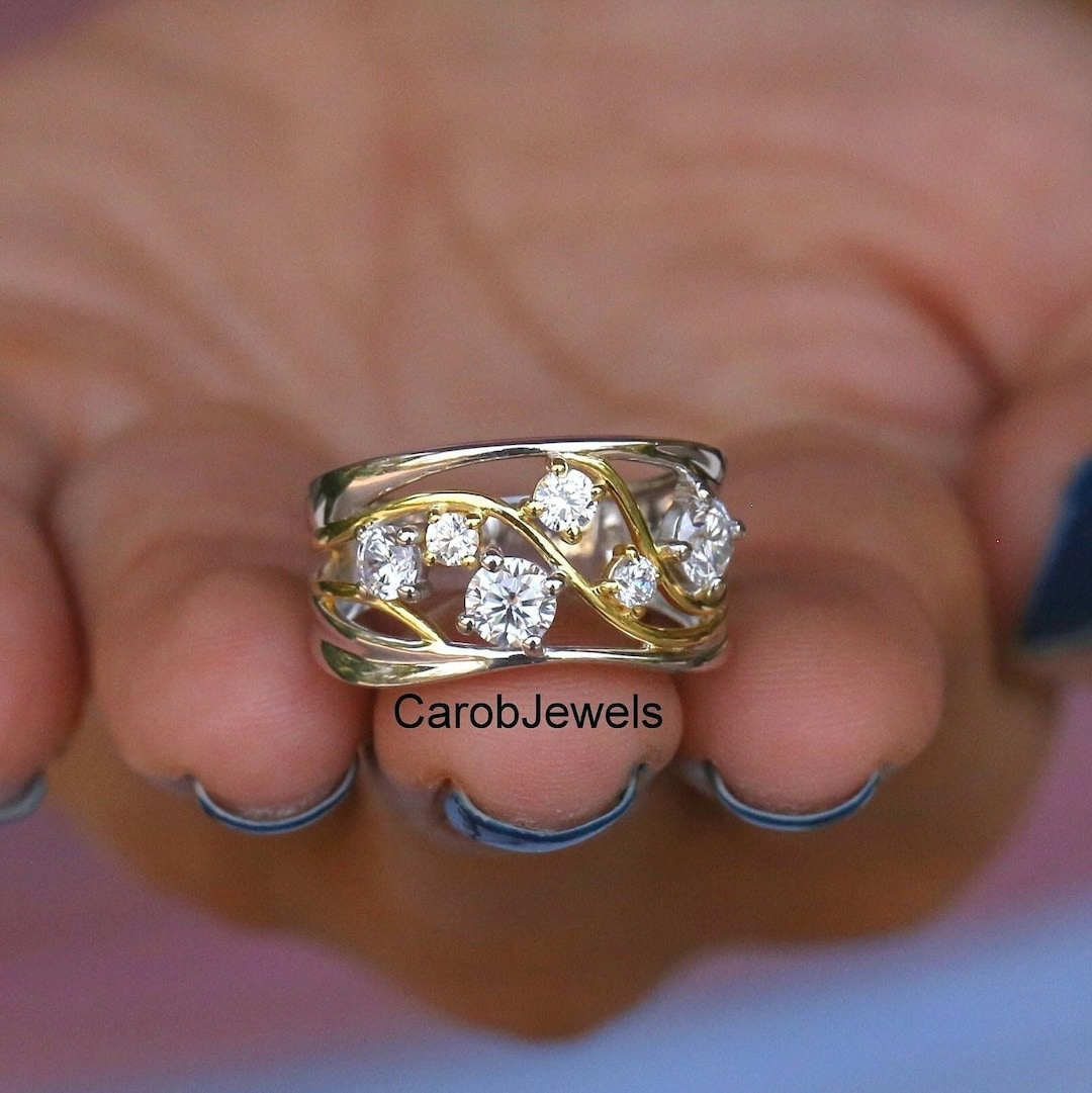 Antique Round Cut Moissanite Diamond Ring, Two Tone Highway Interlocking Wedding Band, Bridal ...