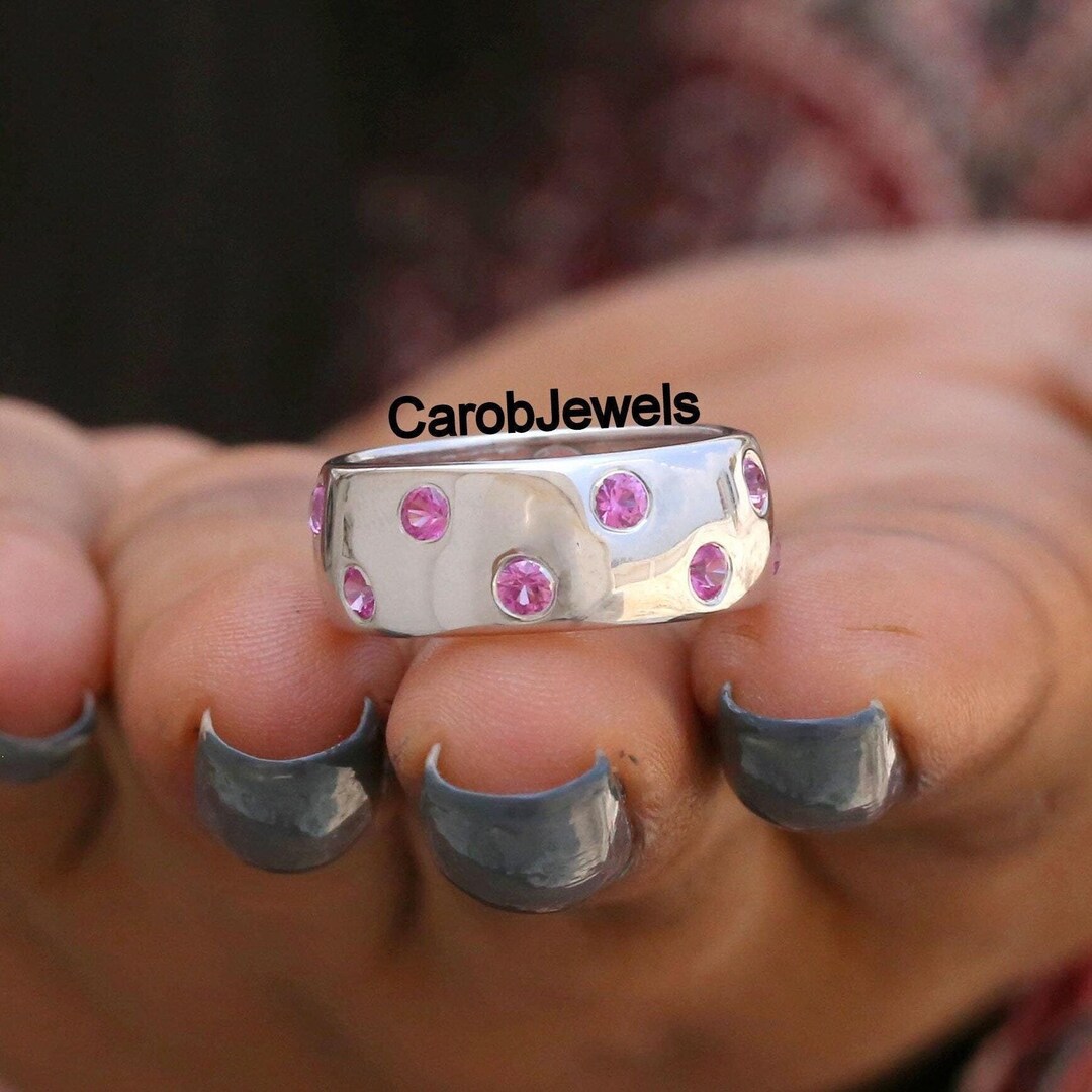 Flush Set Ruby Gemstone Wedding Band, Round Cut Pink Ruby Gemstone Full ...