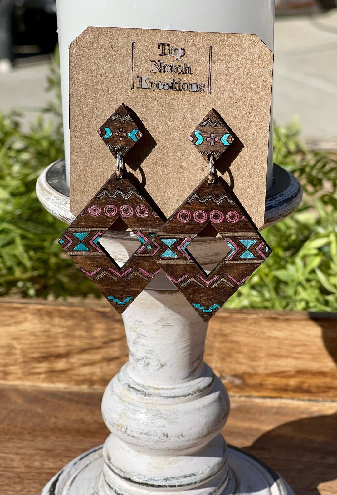 Aztec Design Wooden Earrings Diamond Shaped Earrings Dangle - Etsy