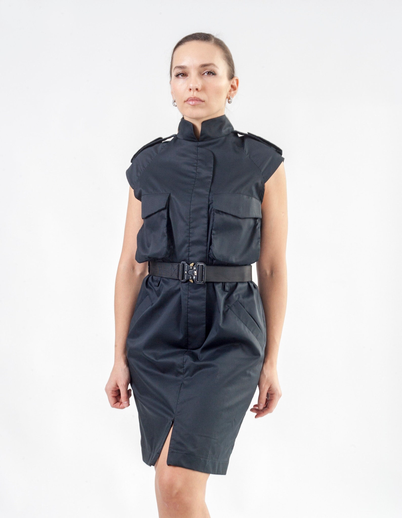 Womens Techwear Mini Dress, Military Style, High Neck, Utility Pockets ...