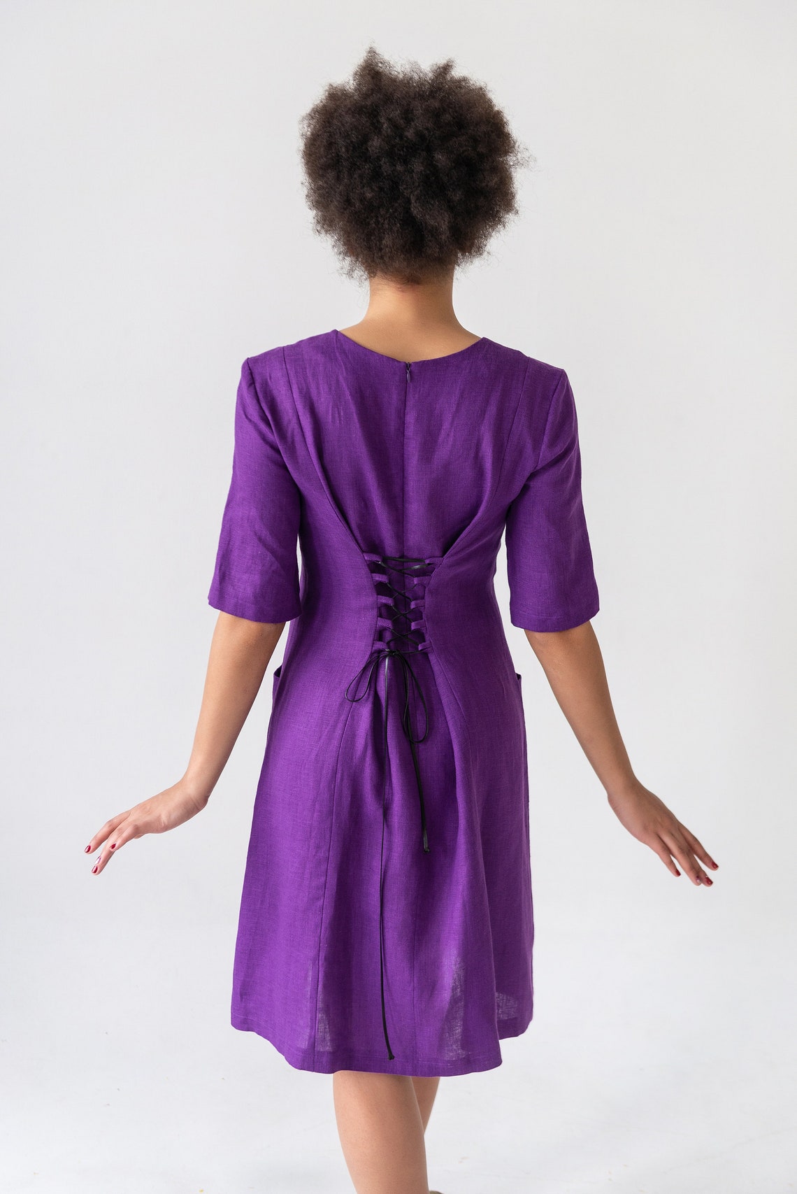 Designer Linen Dress, Casual Lace up Dresses for Women, Purple Midi ...