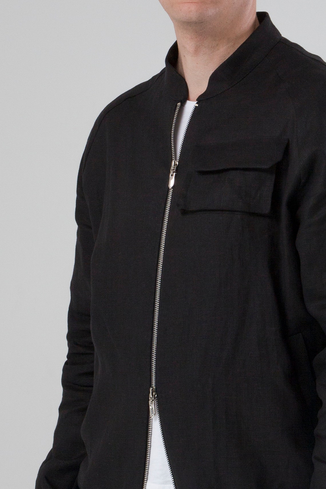 Mens Linen Bomber Jacket, Black Band Collar Bomber, Gift for Him, Linen ...