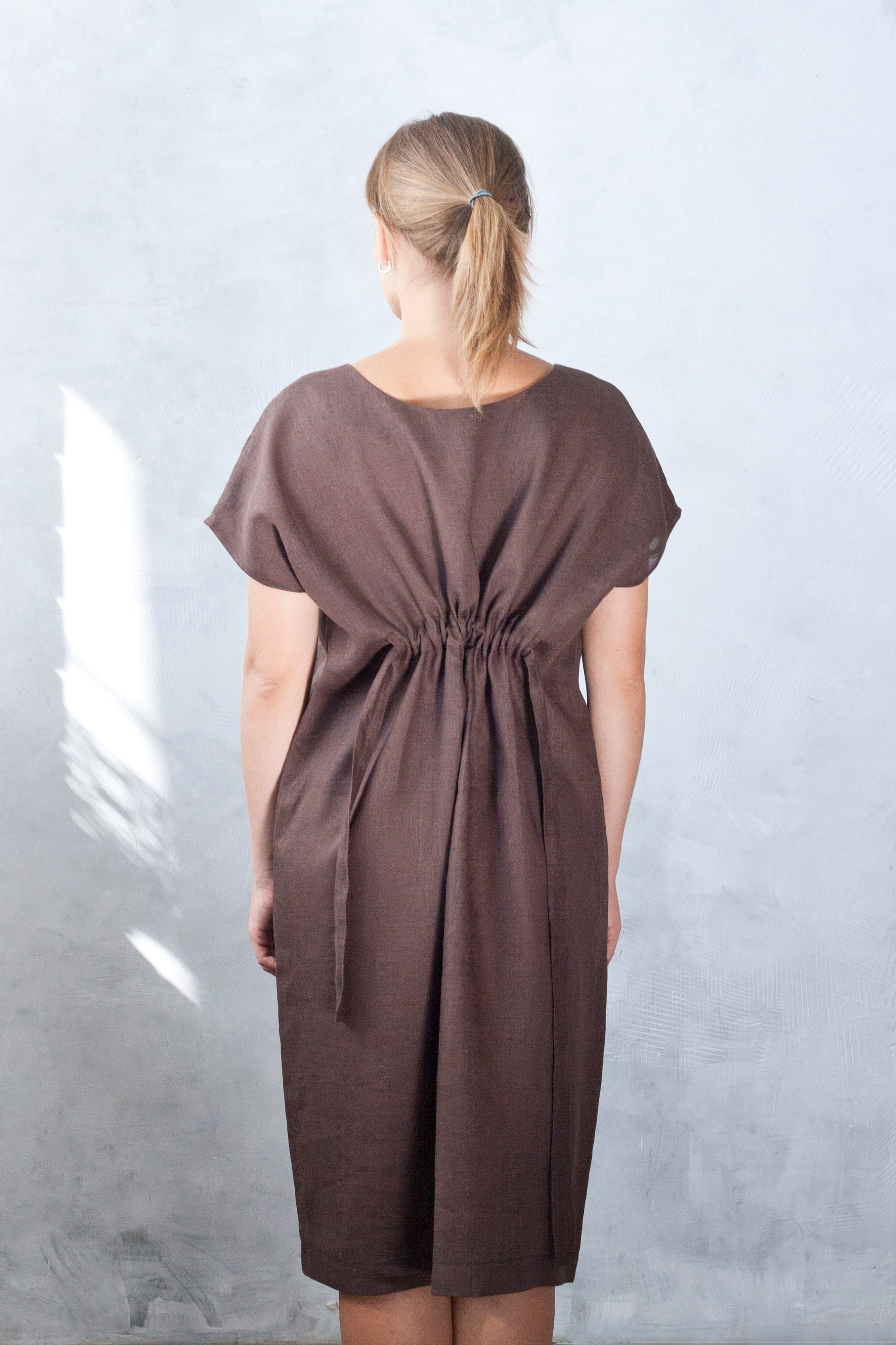 Brown Linen Dress Midi, Avant Garde Dress, Drawstring Waist Linen Dress ...