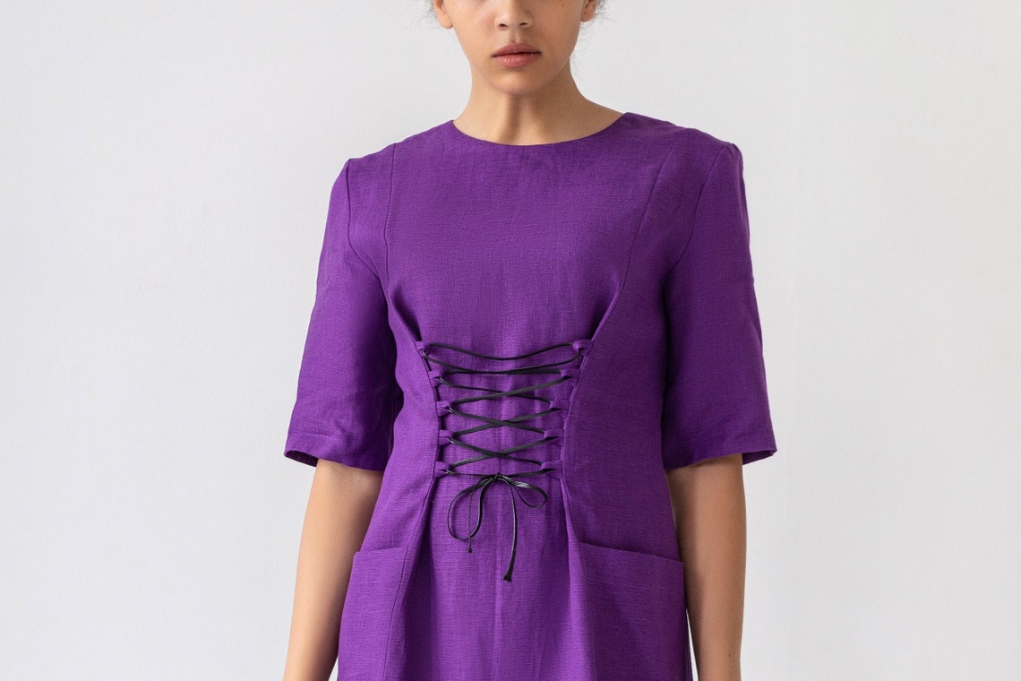 Designer Linen Dress, Casual Lace up Dresses for Women, Purple Midi ...