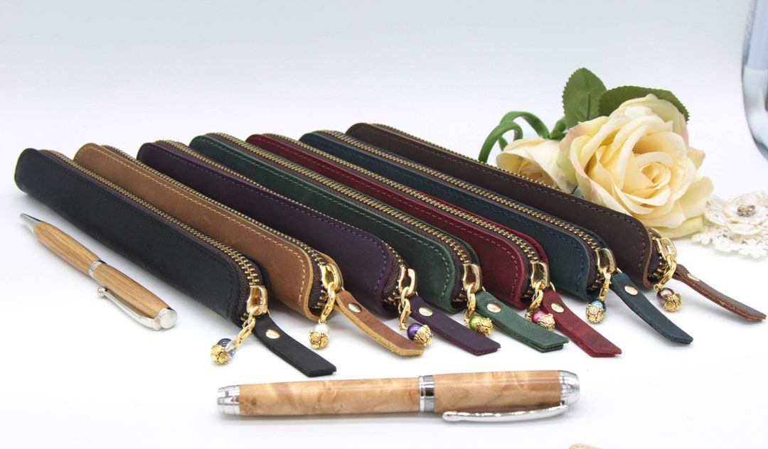 Genuine Leather Zipper Pen Case, Fountain Pen Case, Compact Single Pen ...