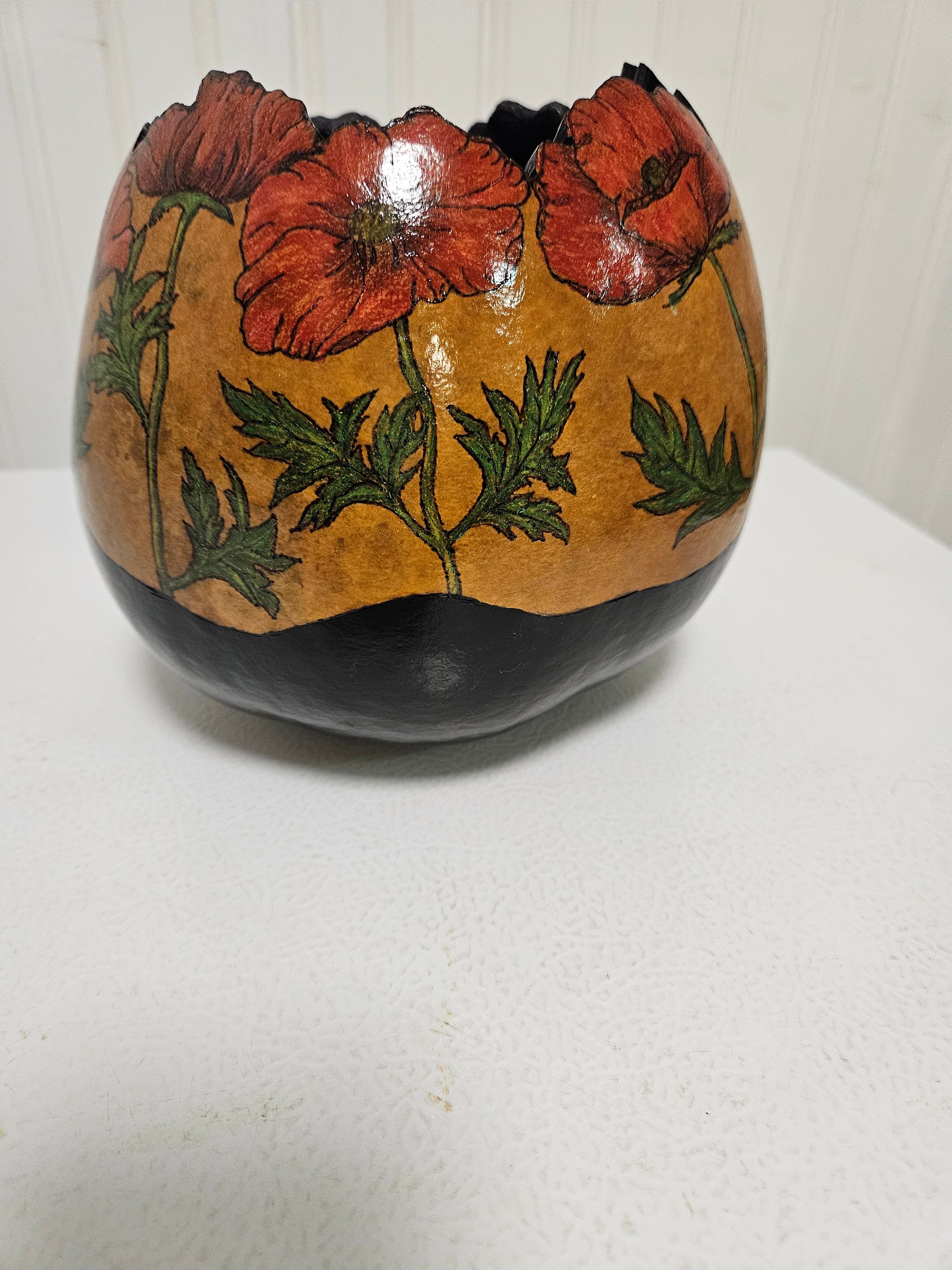 Carved Poppies Art Gourd OOAK Unique Poppy Carved Cut Wood Burned ...