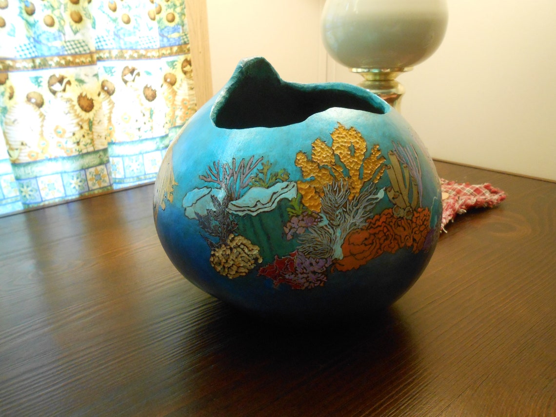 Coral Reef Art Gourd Metallic Paints Dyes OOAK Carved Stippled Sea Life ...