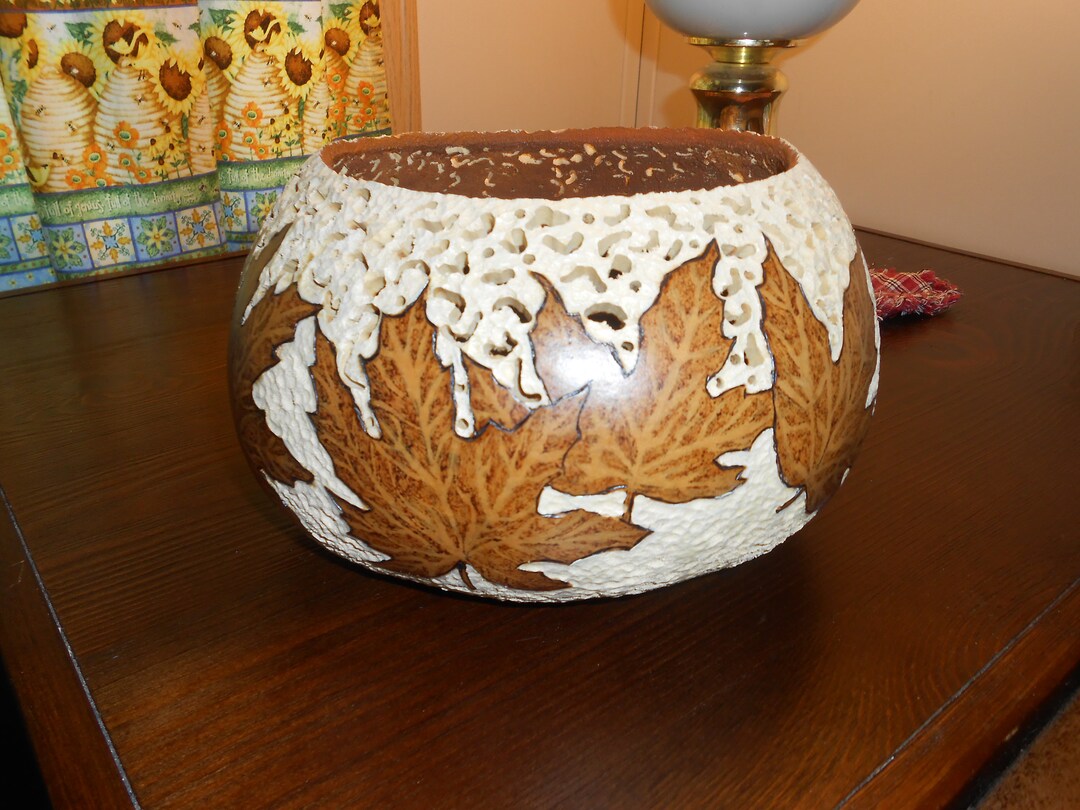 Leaves Art Gourd Bowl Wood Burned Carved Filigree Carving OOAK - Etsy