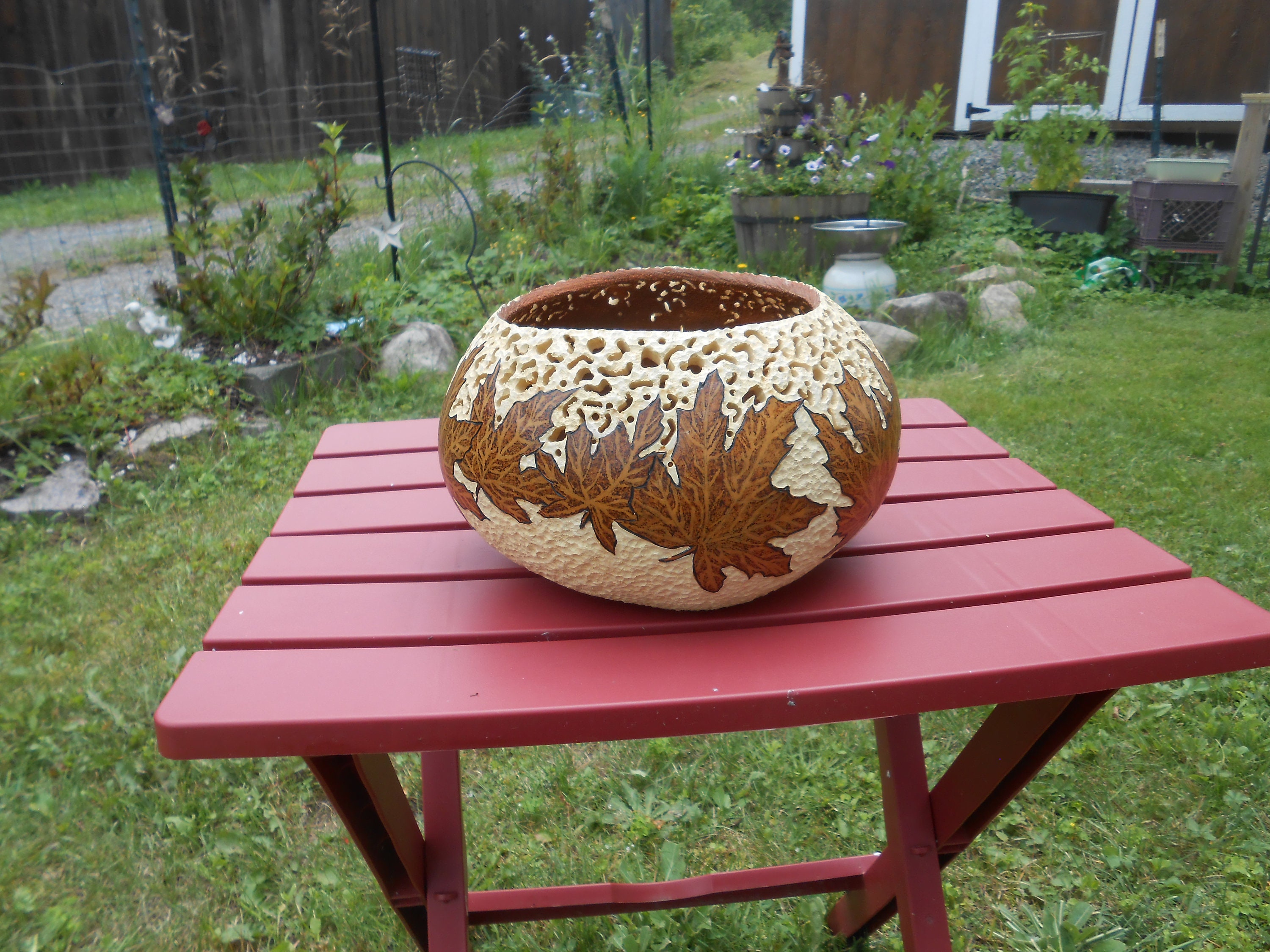 Leaves Art Gourd Bowl Wood Burned Carved Filigree Carving OOAK - Etsy