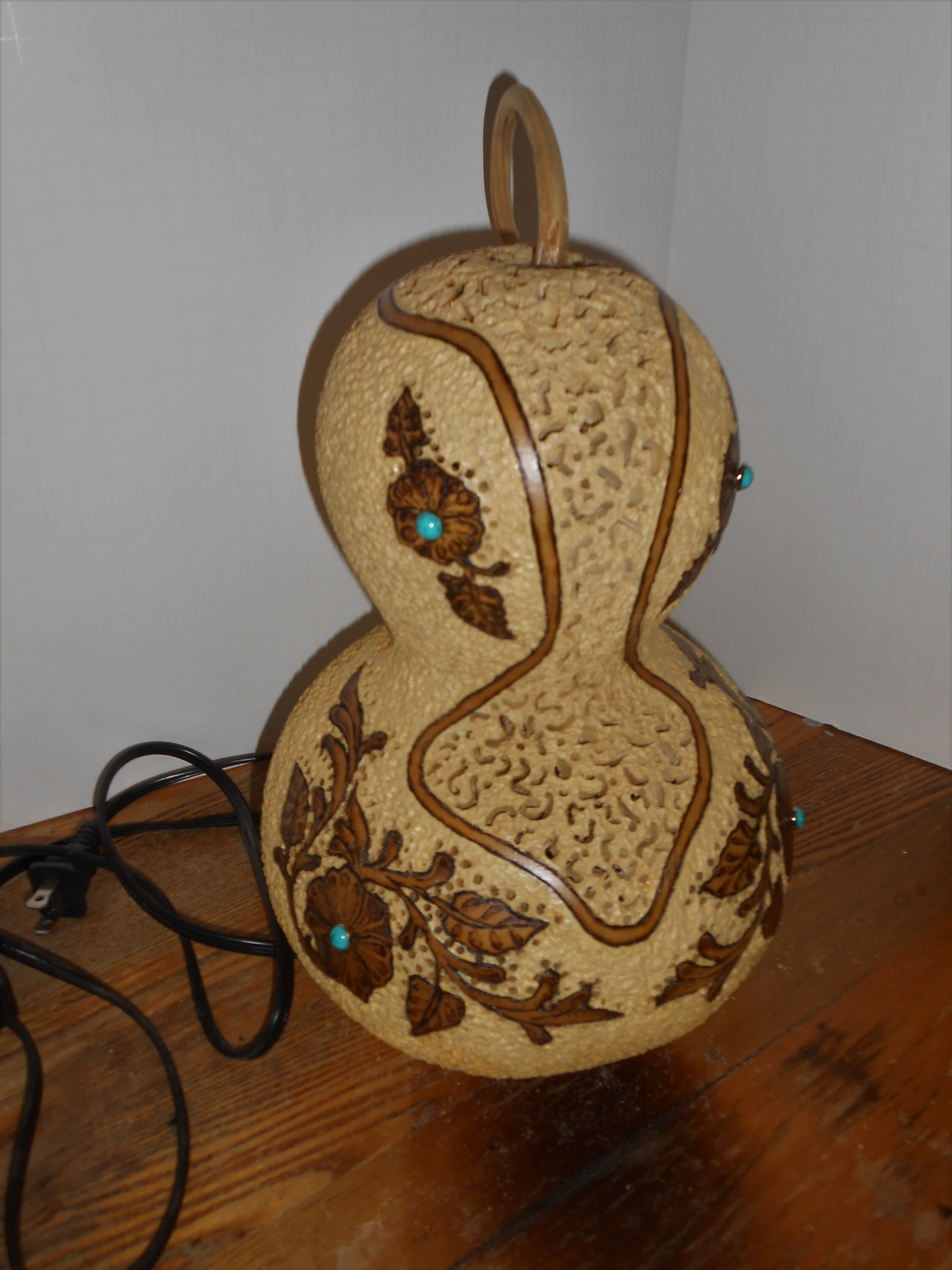 Luminary Art Gourd Stippled Carved Dyed Painted OOAK Unique Turquoise ...