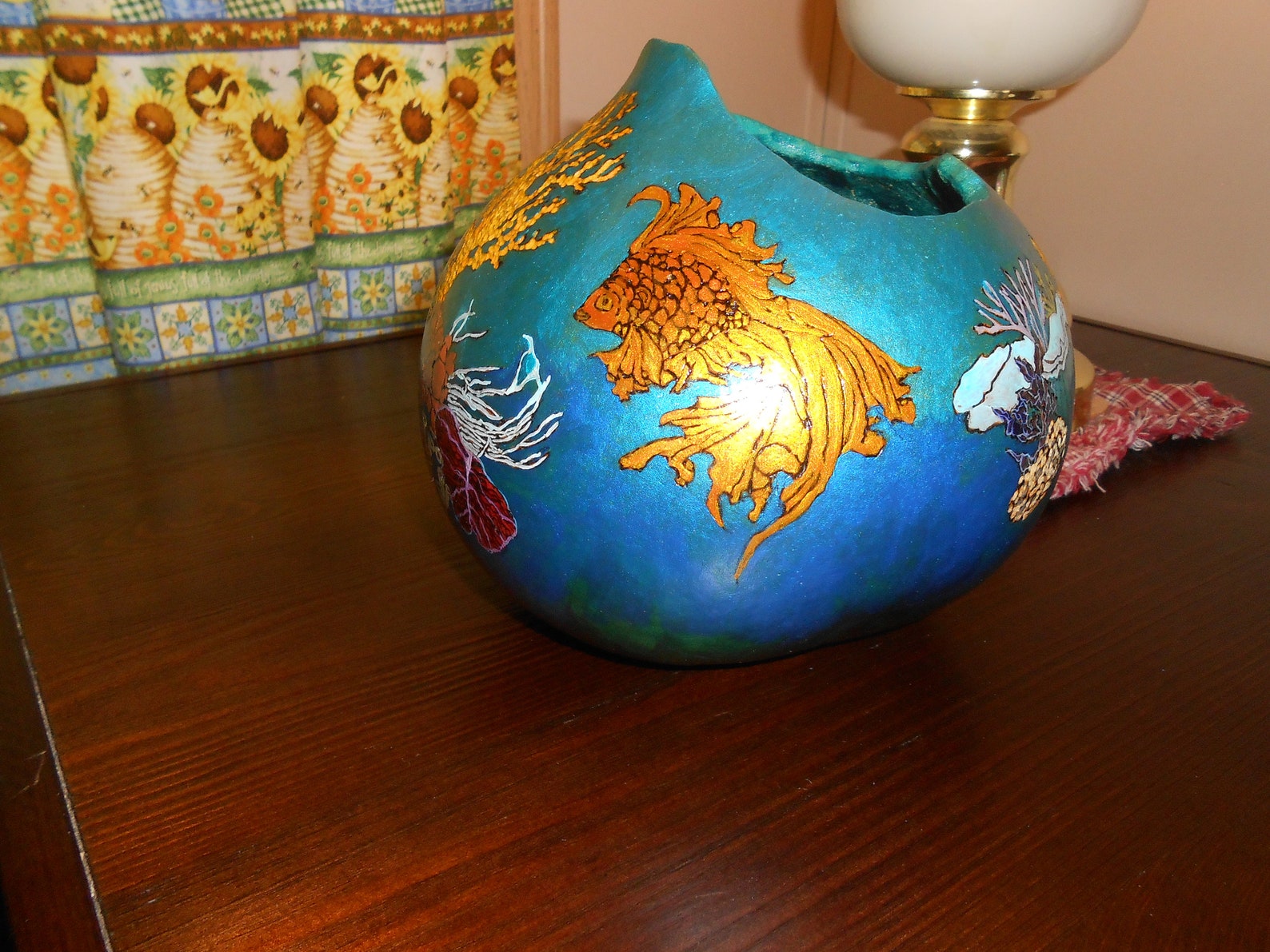 Coral Reef Art Gourd Metallic Paints Dyes OOAK Carved Stippled Sea Life ...