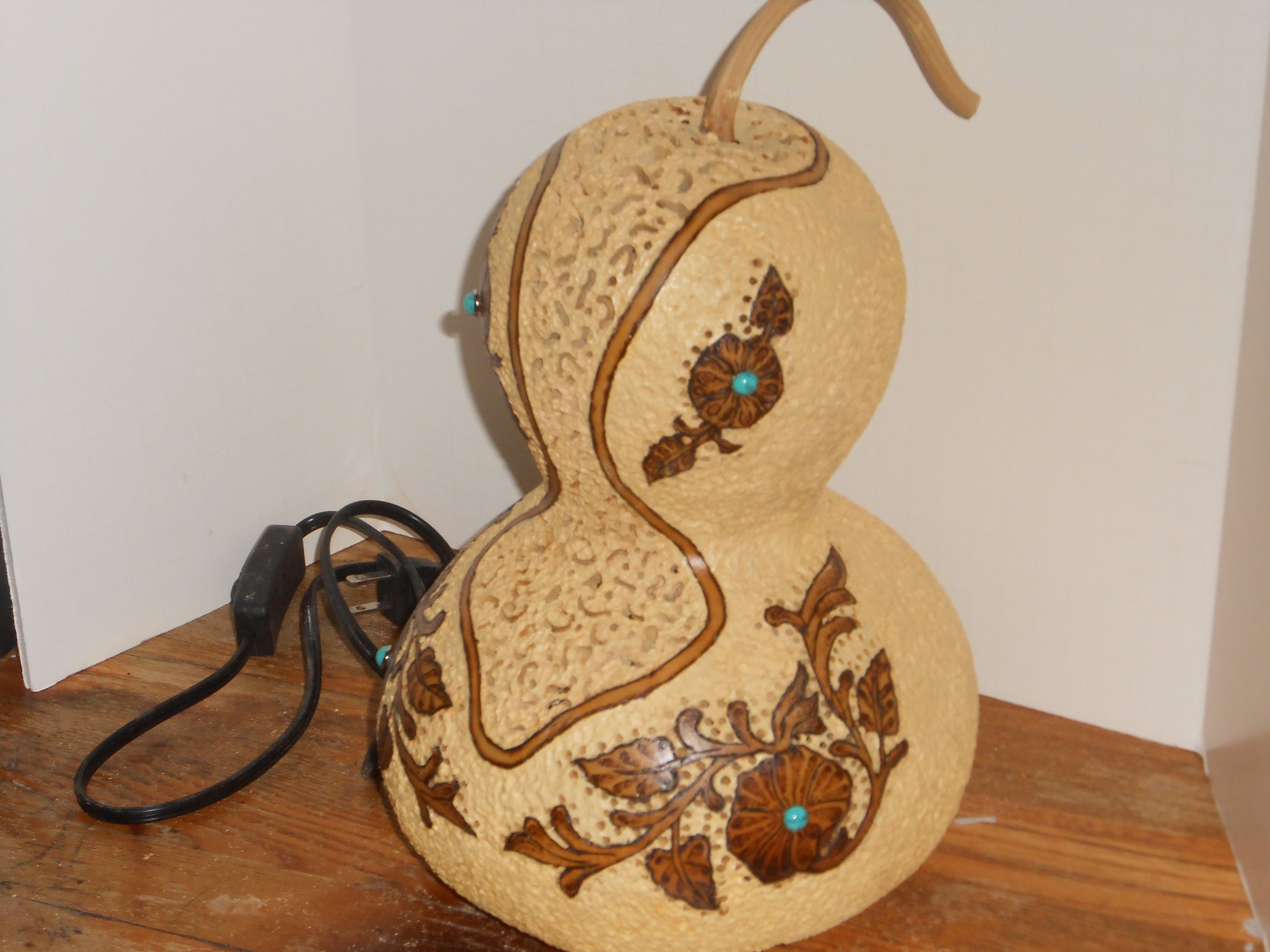 Luminary Art Gourd Stippled Carved Dyed Painted OOAK Unique Turquoise ...