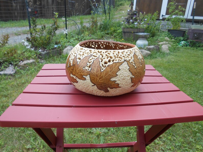 Leaves Art Gourd Bowl Wood Burned Carved Filigree Carving OOAK - Etsy