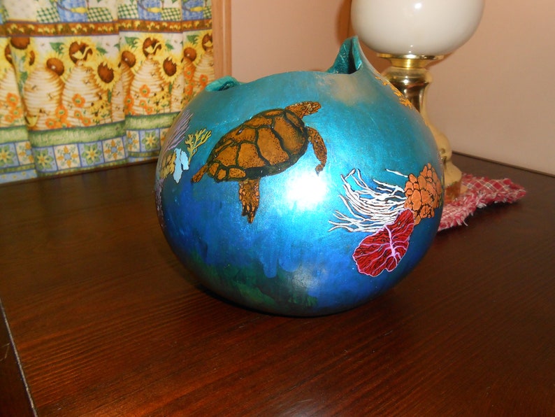 Coral Reef Art Gourd Metallic Paints Dyes OOAK Carved Stippled Sea Life ...
